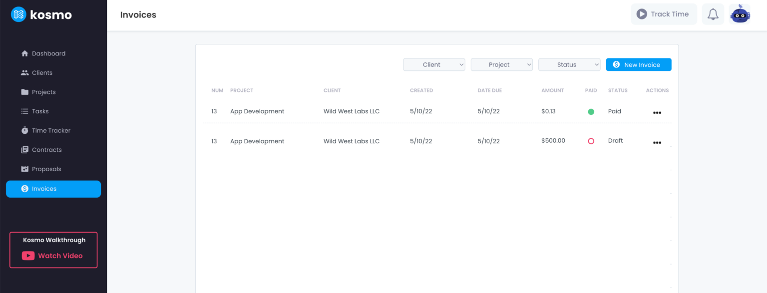 Invoices overview - Kosmo